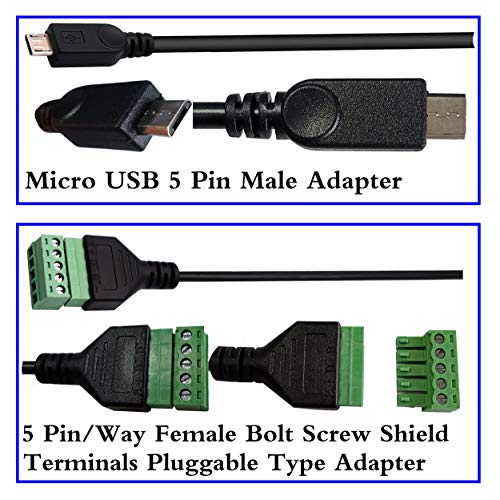zdyCGTime Micro USB Screw Terminal Block Connector Cable Micro USB 2.0 Male Plug to 5 Pin/Way Female Bolt Screw with Shield terminals Pluggable Type Adapter Connector Cable(30CM/2Packs (Male)