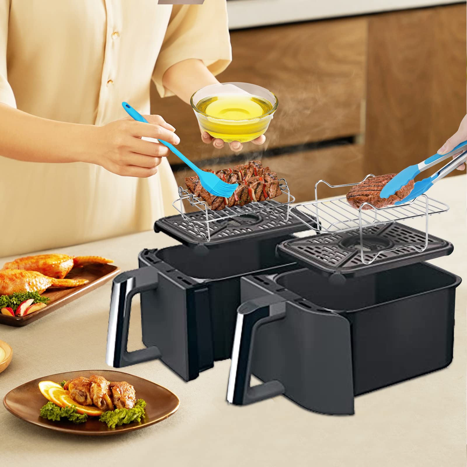 Air Fryer Accessories 8pcs Set, Nonstick Air Fryer Accessory with Cake Pan, Pizza Pan, Multi-Layer Rack, Skewer Rack, Fits Dual Basket Air Fryers