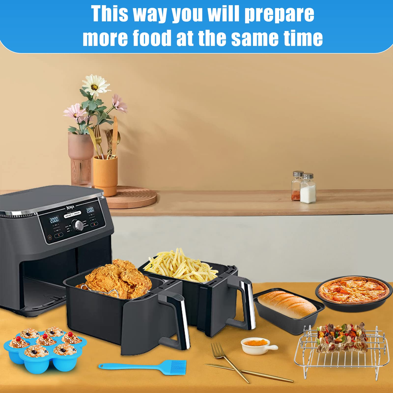 Air Fryer Accessories 8pcs Set, Nonstick Air Fryer Accessory with Cake Pan, Pizza Pan, Multi-Layer Rack, Skewer Rack, Fits Dual Basket Air Fryers