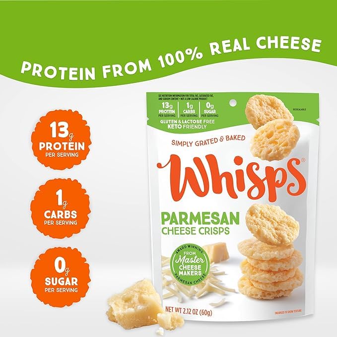 Whisps Cheese Crisps Parmesan Cheese | Protein Chips | Healthy Snacks | Protein Snacks, Gluten Free, High Protein, Low Carb Keto Food (2.12 Oz, 6 Pack)