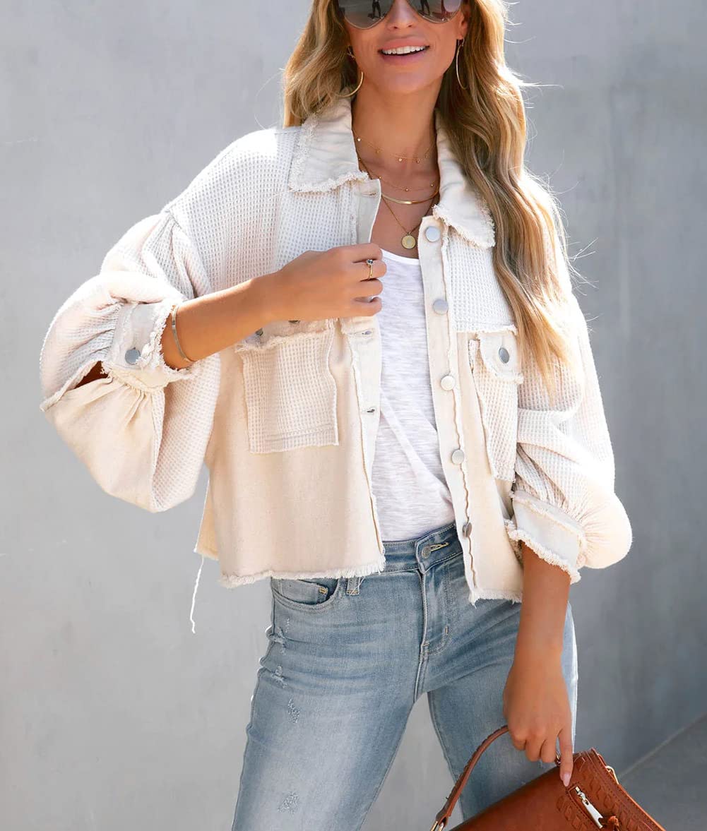 CHARTOU Women's Oversized Waffle Knit Shacket Cropped Color Block Jean Patchwork Blouse Shirt (Large, Cream)