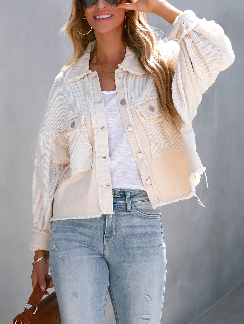 CHARTOU Women's Oversized Waffle Knit Shacket Cropped Color Block Jean Patchwork Blouse Shirt (Large, Cream)
