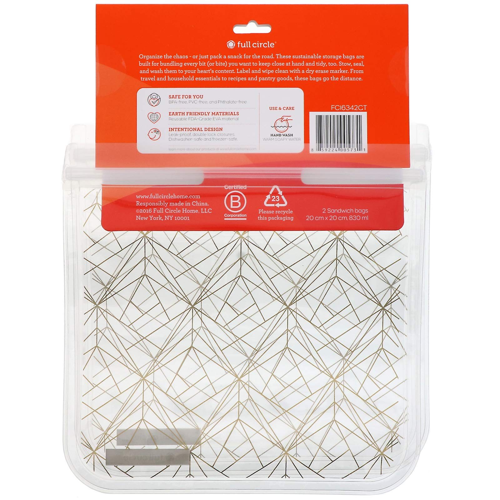Full Circle, ZipTuck, Reusable Sandwich Bags, Gold Geo, 2 Bags