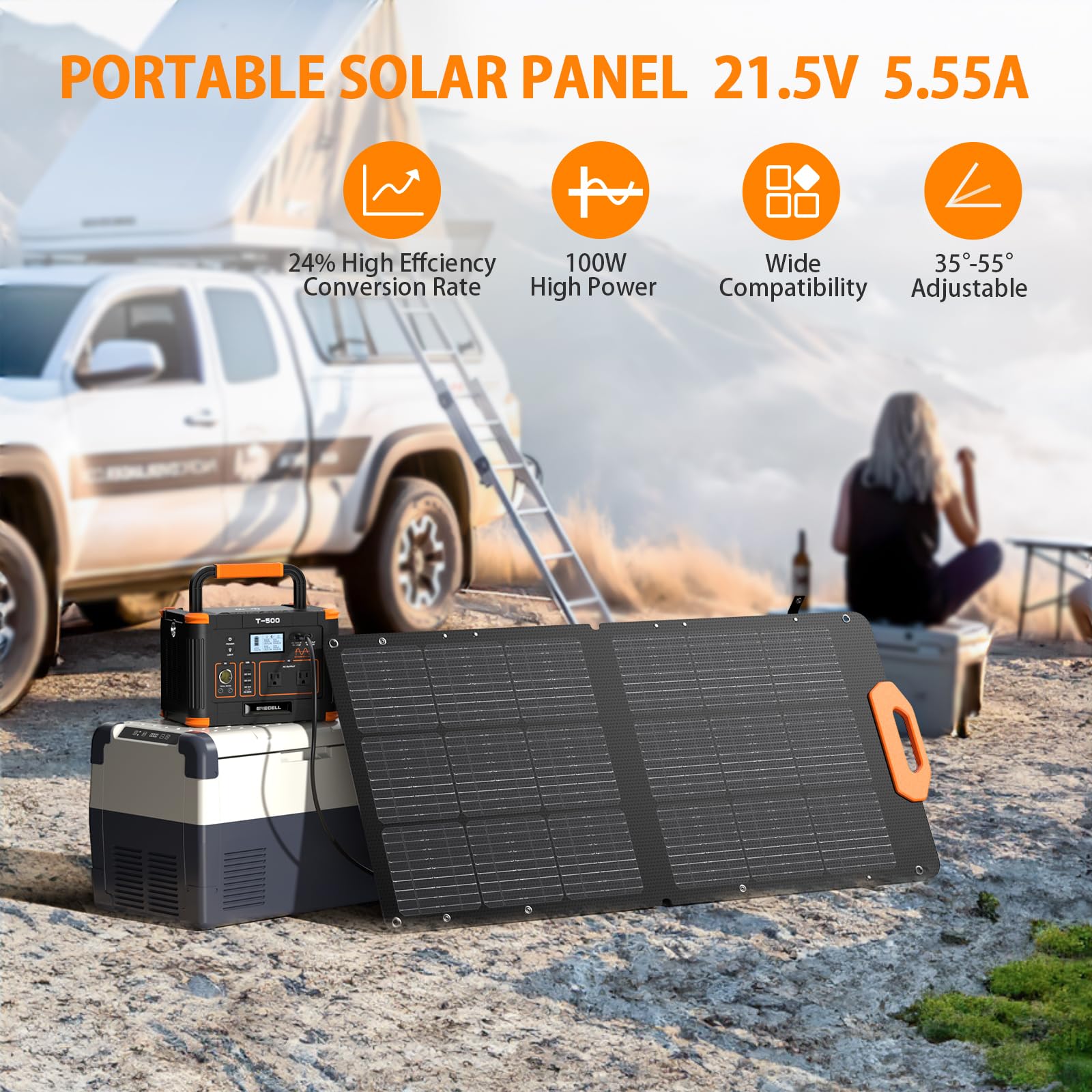 GRECELL 100W Solar Panel for Power Station Generator, 21.5V Portable Foldable Solar Panel with Fast Charger and Adjustable Kickstand Solar Cell Charger for Outdoor Camping RV Van Travel