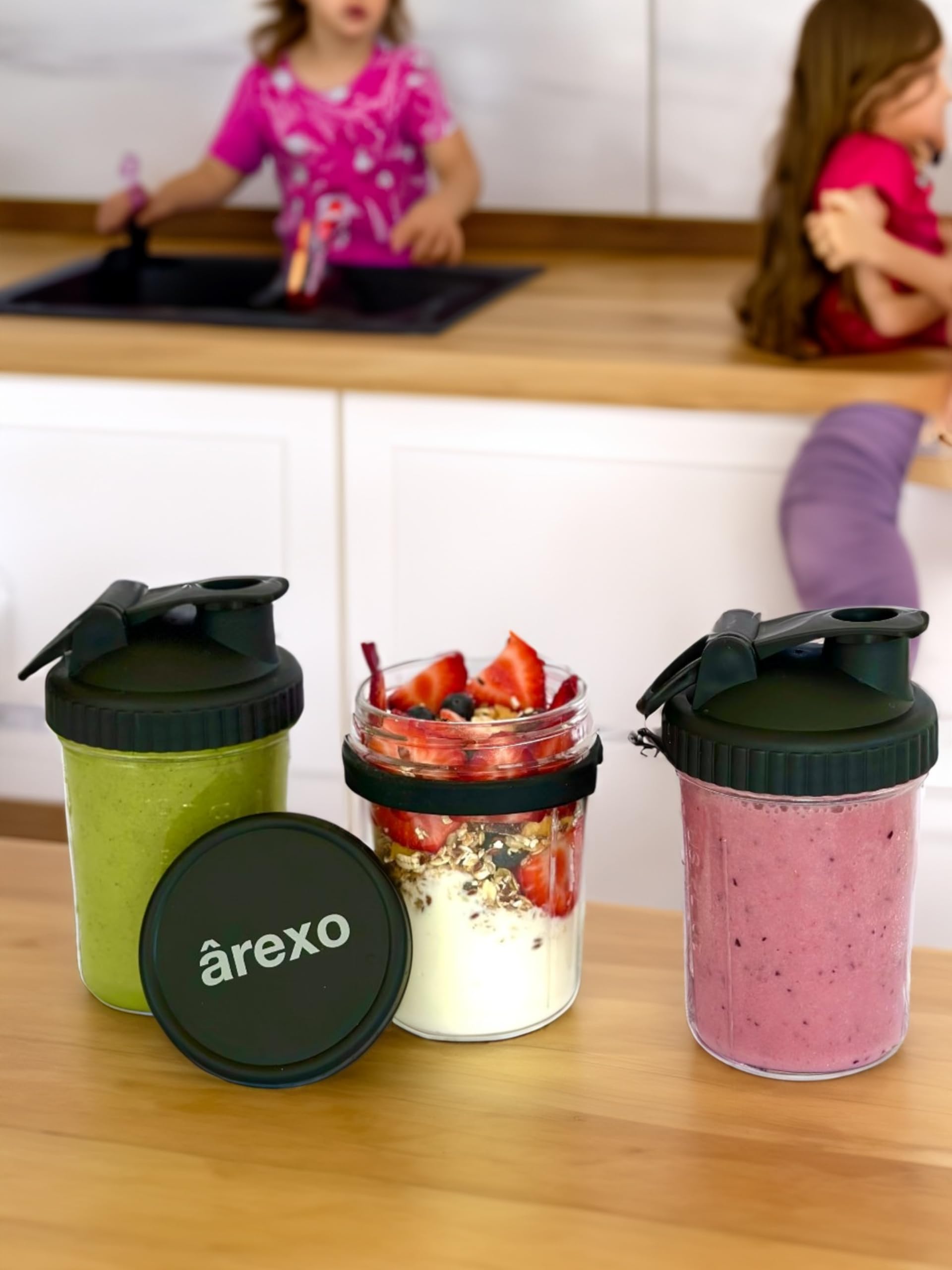 arexo Overnight Oats Containers with Lids – Practical Oatmeal Oat Jars – 3pcs Overnight Oatmeal Jars with Regular Lid and Blender-Style Lid – Thick Glass Overnight Oat Container – Lightweight and Comp