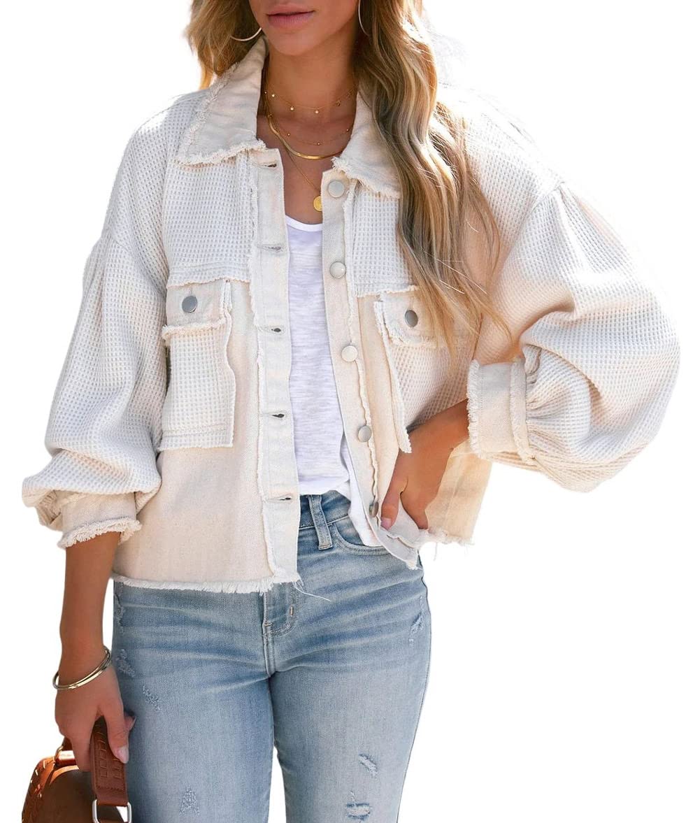 CHARTOU Women's Oversized Waffle Knit Shacket Cropped Color Block Jean Patchwork Blouse Shirt (Large, Cream)