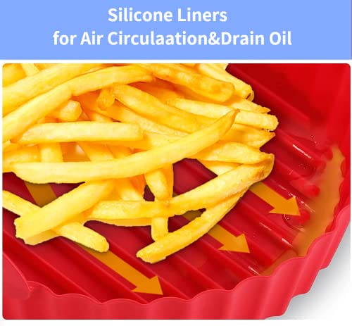 Air Fryer Silicone Liners 8 Inch, 2 Pack Air Fryer Accessories for Ninja Air Fryer Liners Reusable with Handle, Basket for 5 QT 6QT 7 QT, Red & Blue