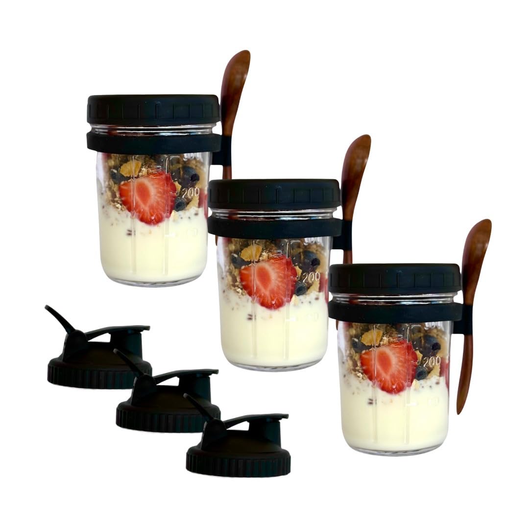 arexo Overnight Oats Containers with Lids – Practical Oatmeal Oat Jars – 3pcs Overnight Oatmeal Jars with Regular Lid and Blender-Style Lid – Thick Glass Overnight Oat Container – Lightweight and Comp