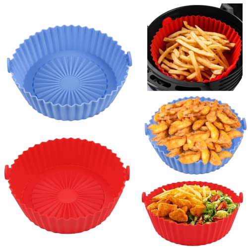 Air Fryer Silicone Liners 8 Inch, 2 Pack Air Fryer Accessories for Ninja Air Fryer Liners Reusable with Handle, Basket for 5 QT 6QT 7 QT, Red & Blue