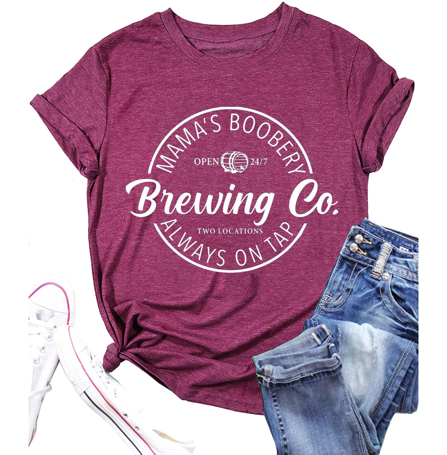 Mama's Boobery Always on Tap Shirt for Women Funny Letter Print Breastfeeding Tee Tops Humor Mother's Day Shirt Gift (M, Purple)