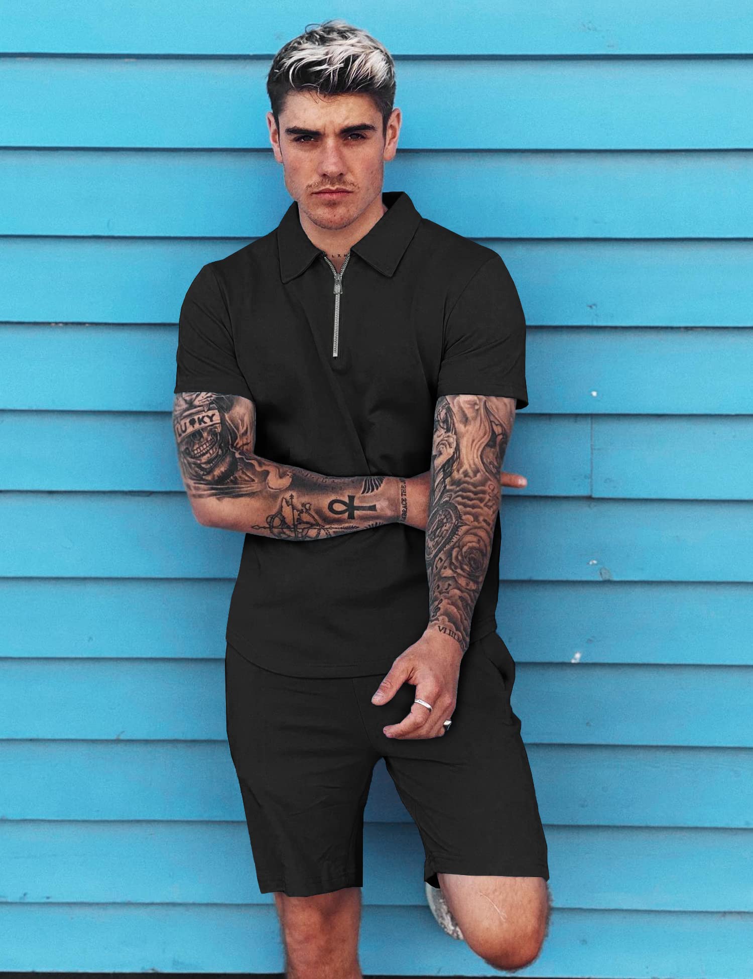 URRU Men's Short Sleeve Polo Shirts Sets Quarter-Zip Casual Slim Fit Lapel Collar Basic Designed Cotton Shirts Set Black M