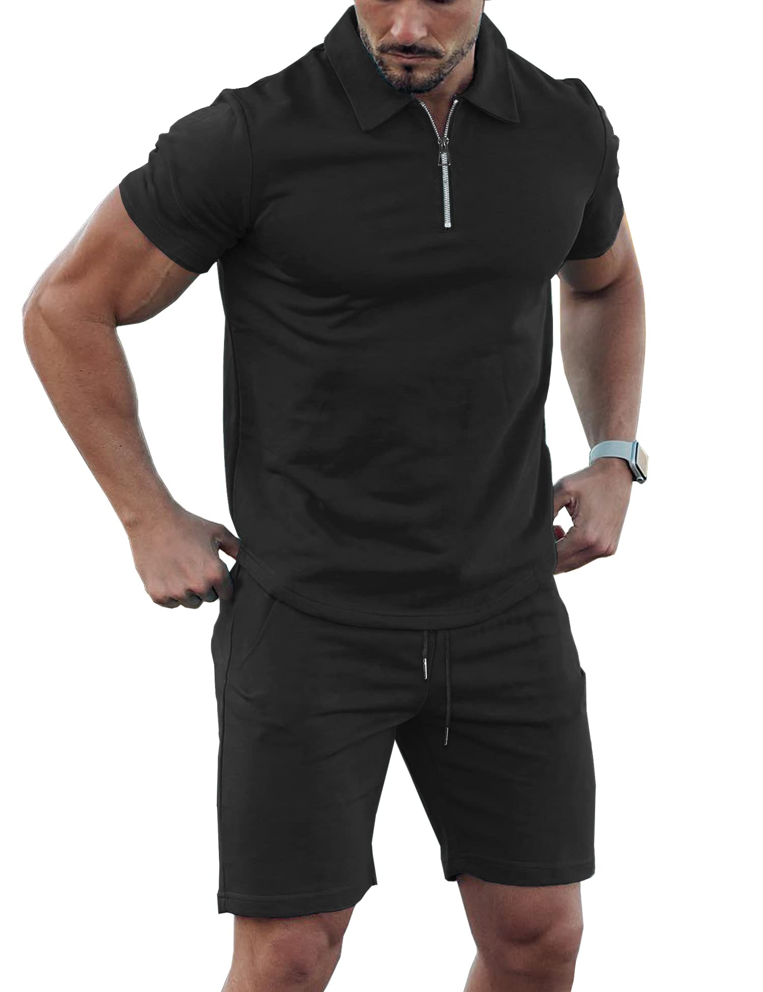 URRU Men's Short Sleeve Polo Shirts Sets Quarter-Zip Casual Slim Fit Lapel Collar Basic Designed Cotton Shirts Set Black M