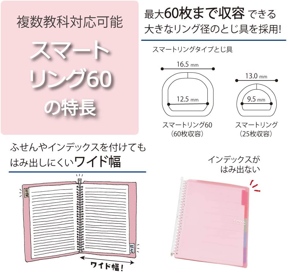 Kokuyo Campus Smart Ring Binder, B5 Light Blue Binder Notebook Up to 60 Sheets 26 Holes Slim Binder Folder with 10 Extra Campus Sarasara Loose-Leaf Paper for Work, Study and Journal, Japan Import