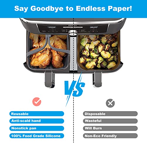 10QT Air Fryer Silicone Liners for Ninja,2Pcs Rectangular Airfryer Silicone Accessories Long Handle, Reusable Airfryer Pot Replacement Baking Tray Basket for Ninja DZ401 DZ550 Foodi 10 Quart