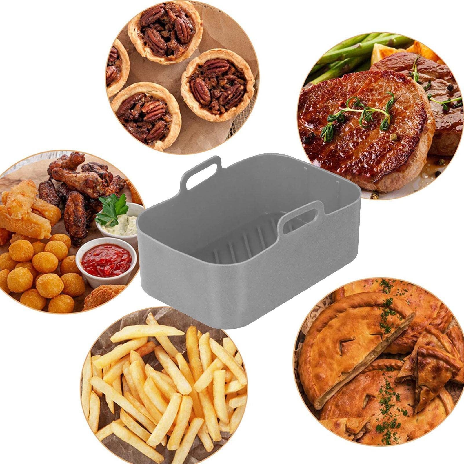 Ferenu 2pcs Air Fryer Silicone Pot for Ninja Foodi Dual DZ201 | Reusable Liner Rectangle Basket 8 QT Easy Cleaning Food Safe Accessories (Gray)
