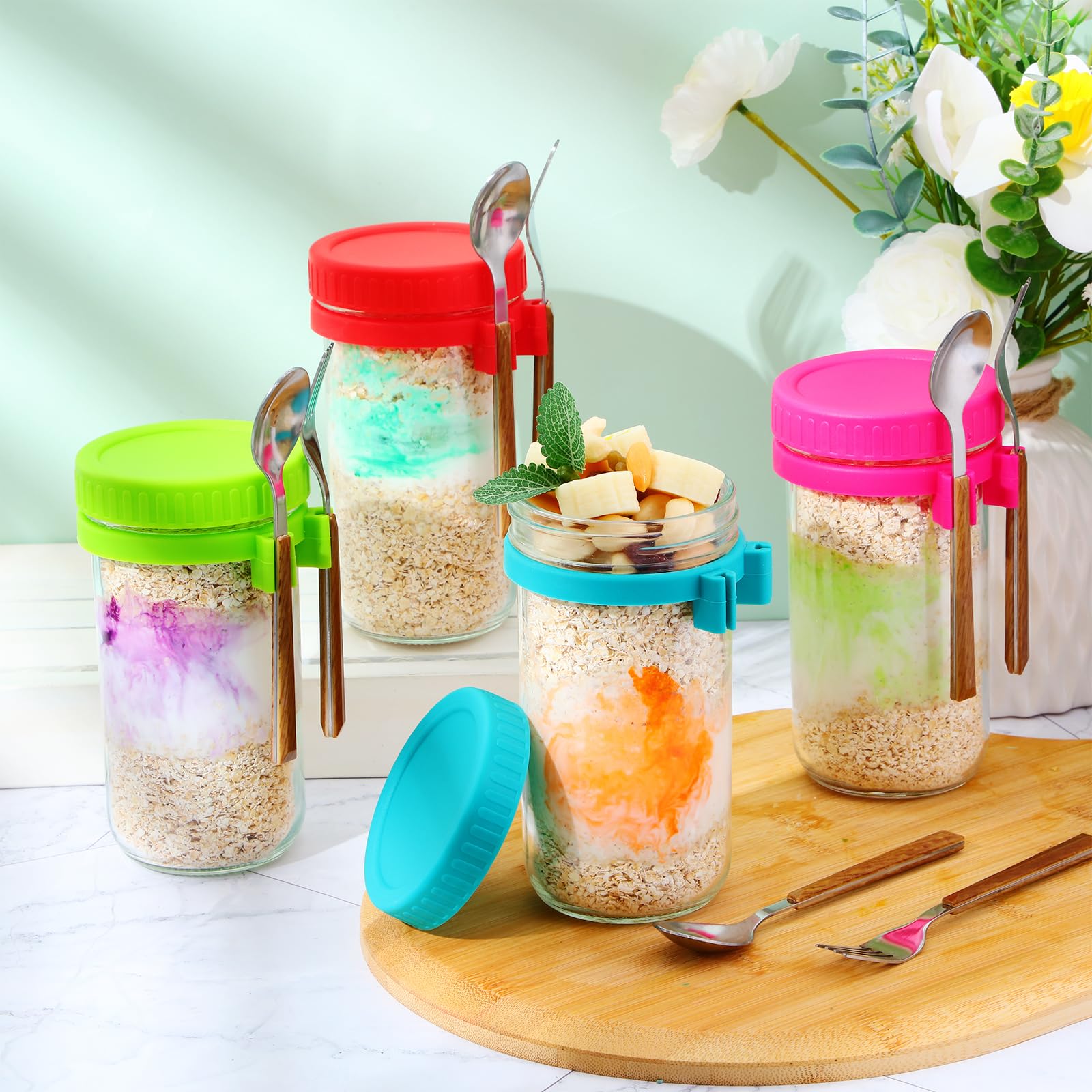 Dandat 6 Sets Overnight Oats Containers with Lids Spoons and Forks 20 oz Glass Mason Jars for Overnight Oats Overnight Oats Jars Large Capacity Airtight Jars for Milk Cereal Fruit Food Storage