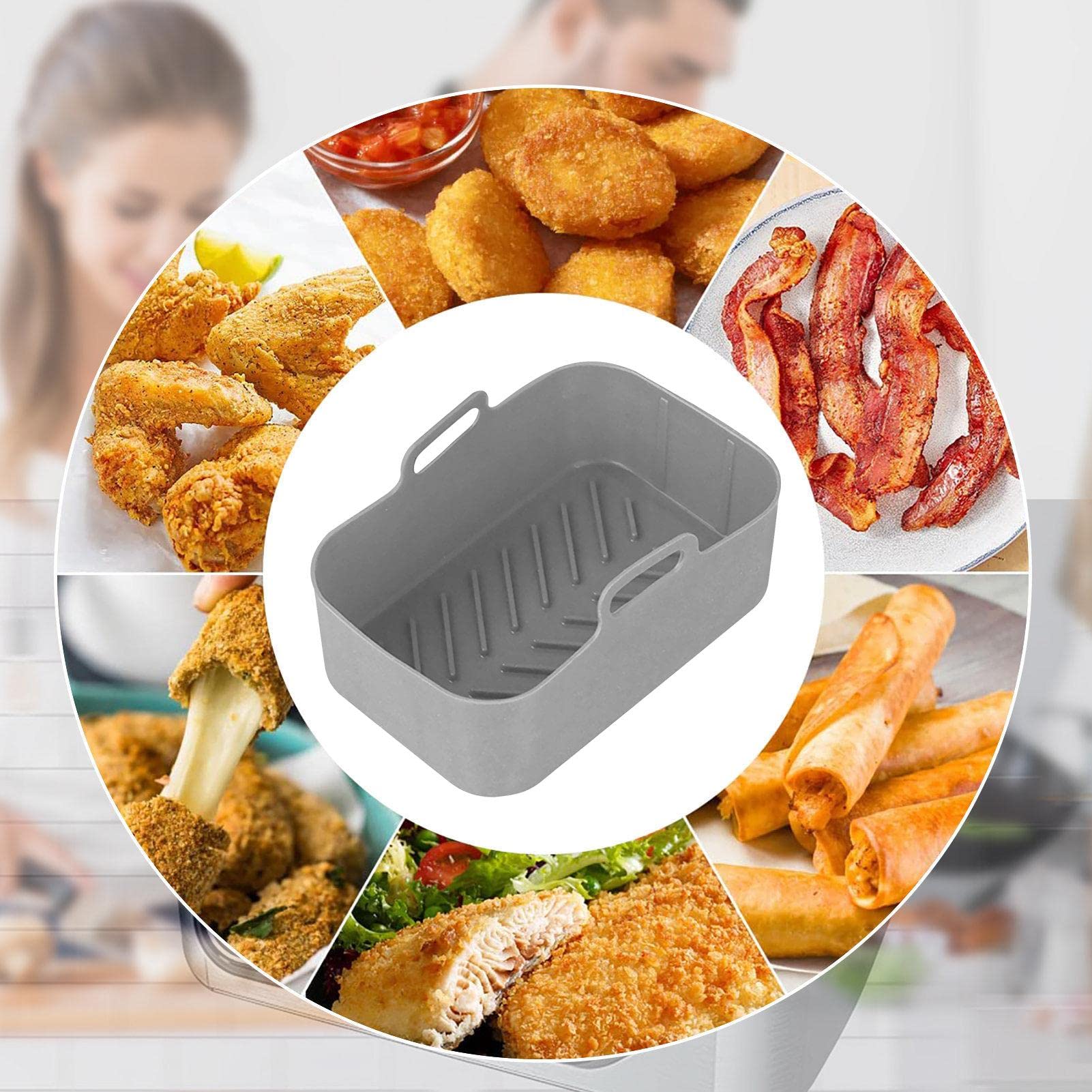 Ferenu 2pcs Air Fryer Silicone Pot for Ninja Foodi Dual DZ201 | Reusable Liner Rectangle Basket 8 QT Easy Cleaning Food Safe Accessories (Gray)