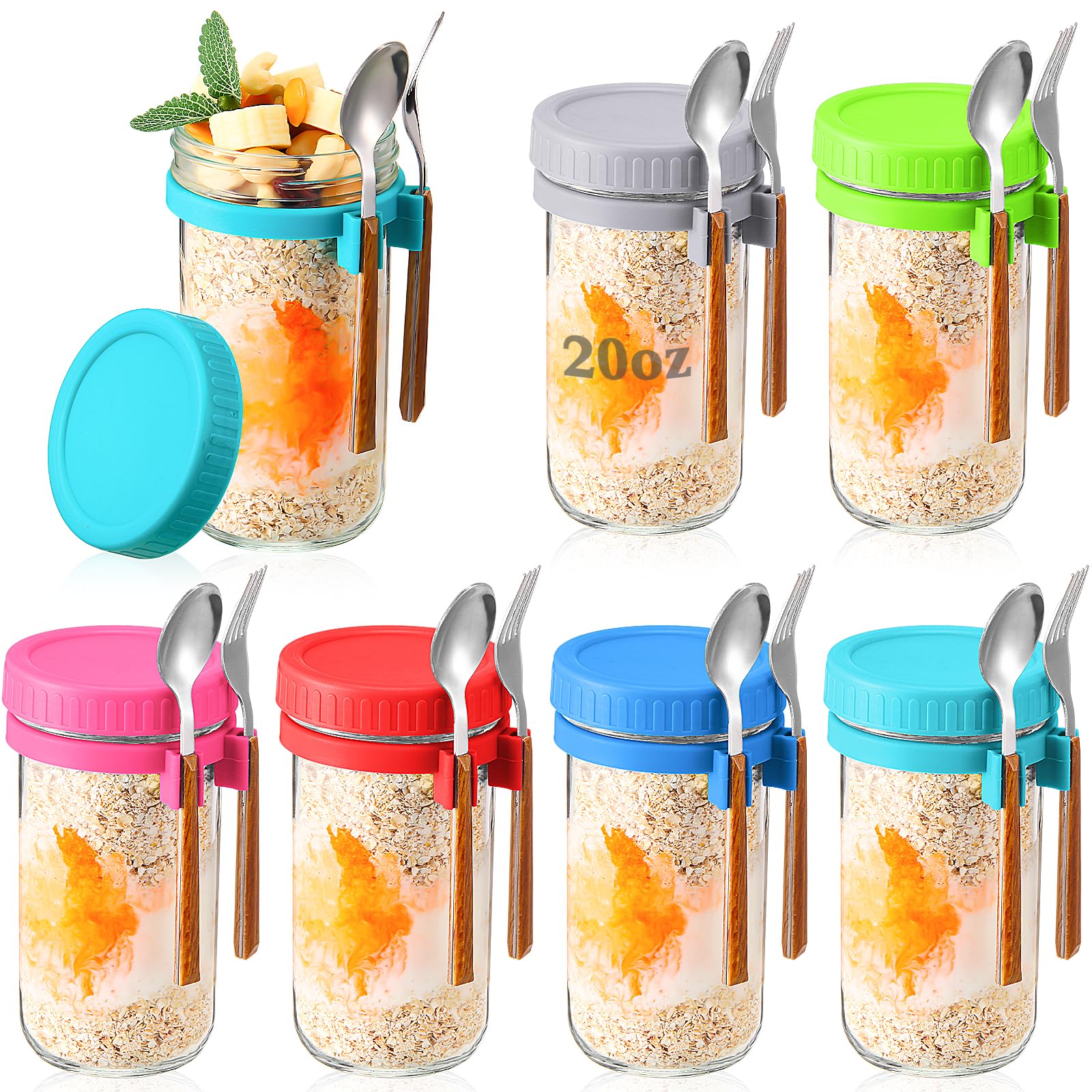 Dandat 6 Sets Overnight Oats Containers with Lids Spoons and Forks 20 oz Glass Mason Jars for Overnight Oats Overnight Oats Jars Large Capacity Airtight Jars for Milk Cereal Fruit Food Storage