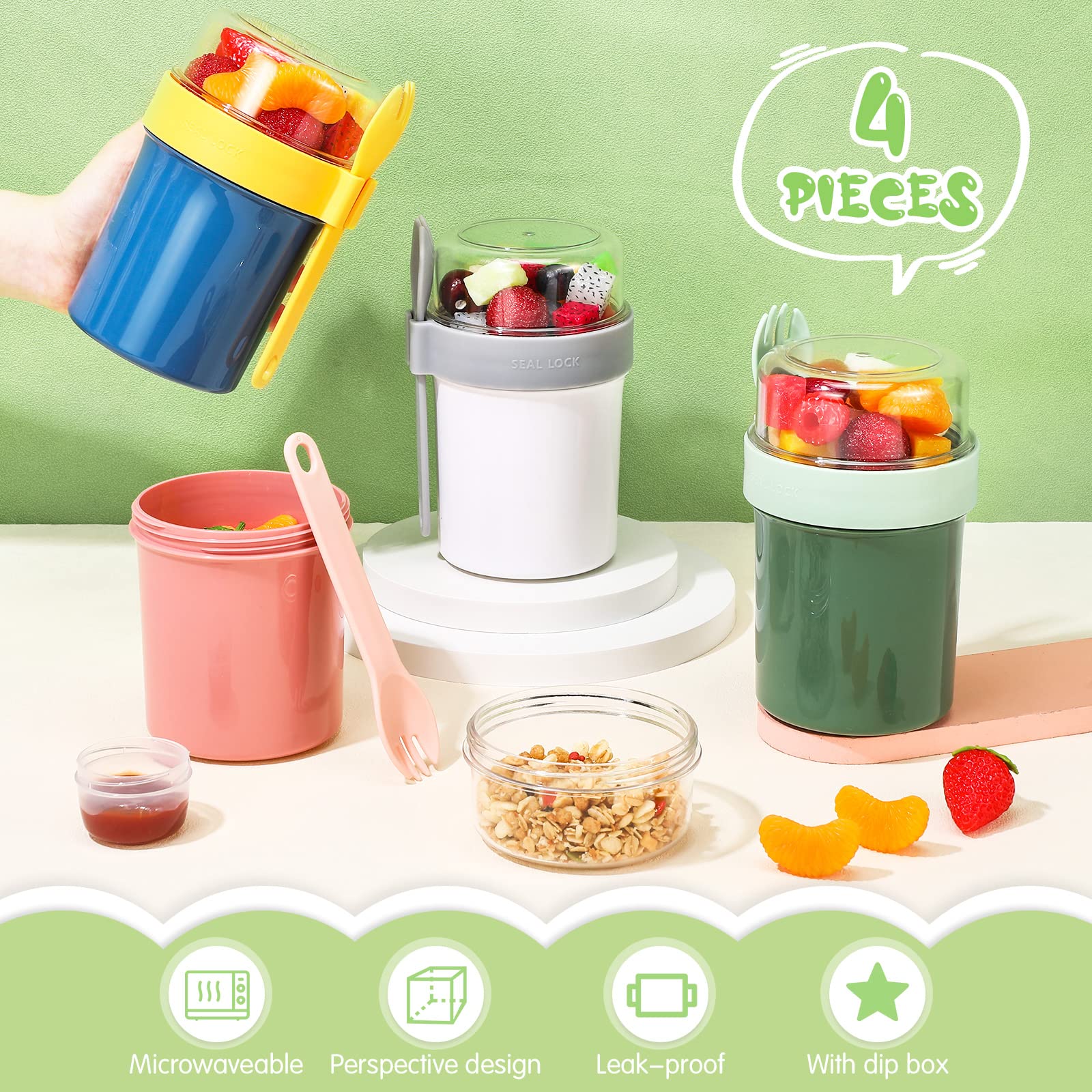 Didaey 4 Pack 26.72 oz Overnight Oats Containers with Lids Plastic Salad Yogurt Parfait Cups with Lids and Sporks Take and Go Yogurt Container with Topping Cereal Cup Reusable Overnight Oats Jars