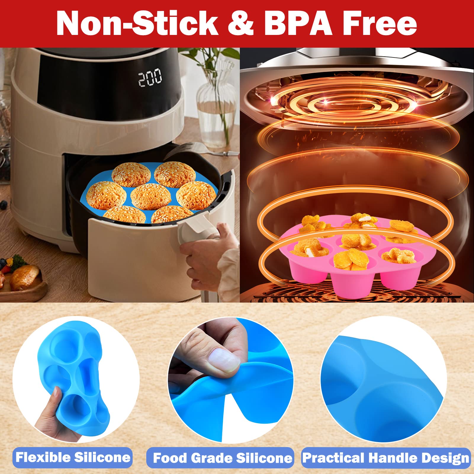 XANGNIER Silicone Muffin Pan for 3QT-5QT Air Fryer,2 Pcs Cupcake Tray Baking Mold,Reusable Non-stick Air Fryer Baking Pan,Air Fryer Accessories