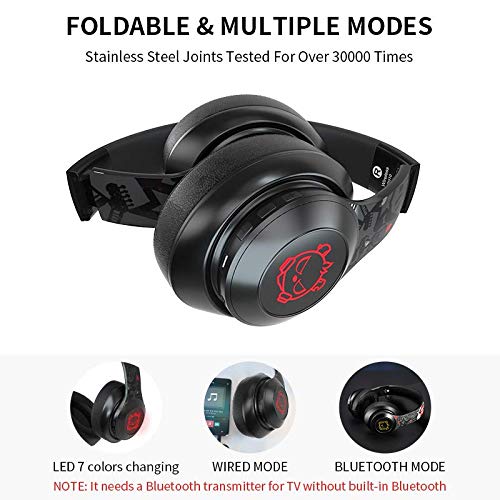 B.U Angry Bear, Bluetooth 5.0 Over Ear Headphones, Wireless/Wired, Built-in Microphone, 7-Color LED Light Display System, Deep Bass, Compatible with Smartphones, Tablets, Computers, and TV. (Black)
