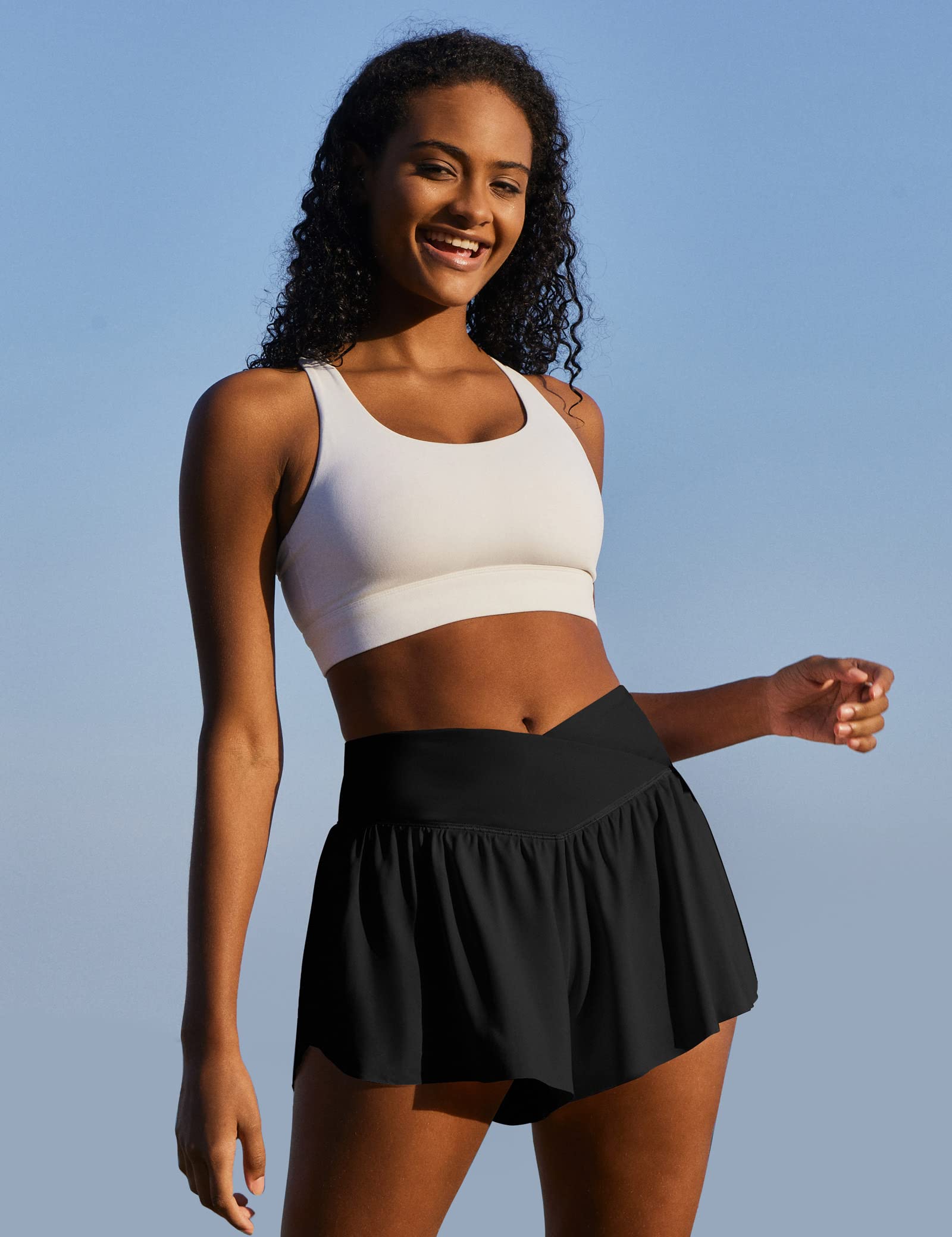 IUGA Athletic Shorts for Women Butterfly Shorts High Waisted Flowy Running Shorts 2 in 1 Crossover Preppy Clothes Skorts Black