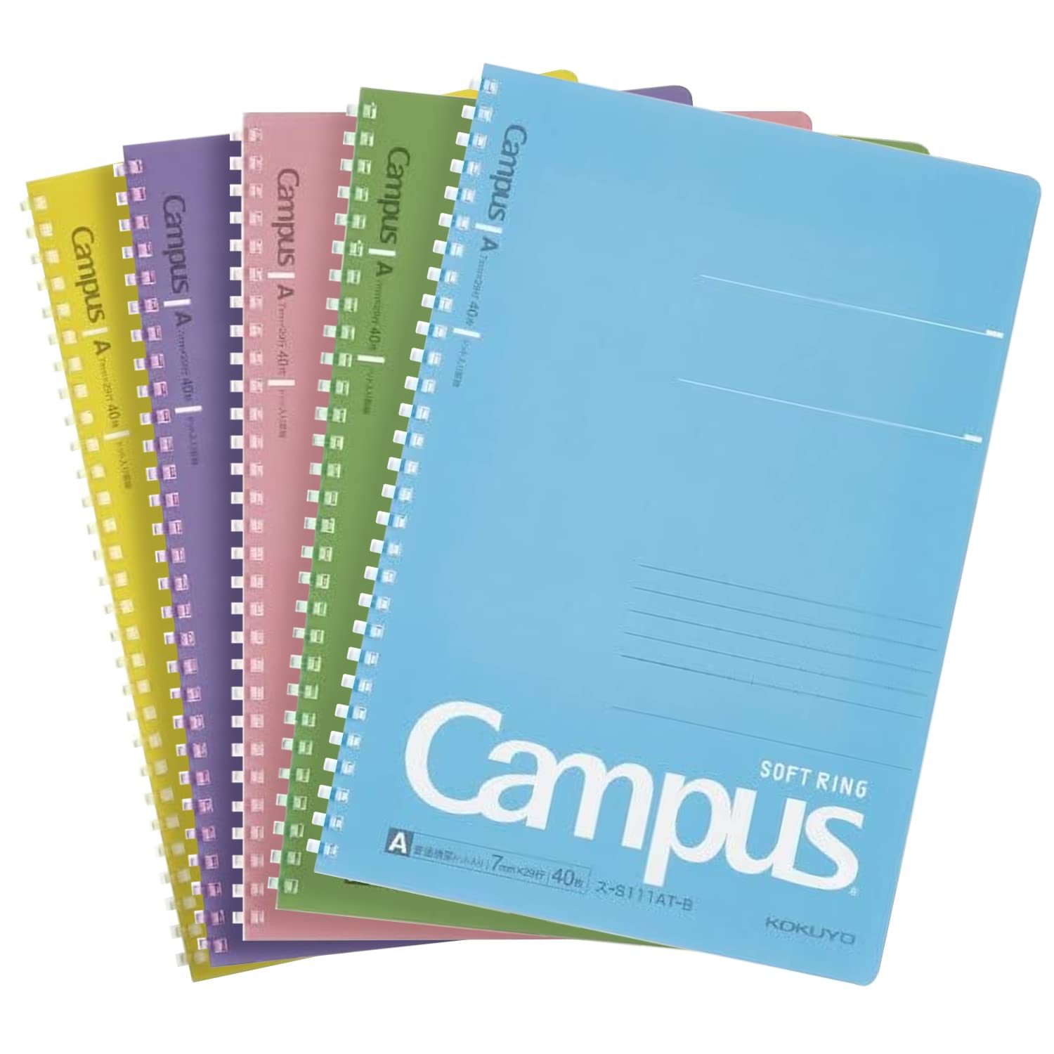 KOKUYO Spiral Lined Notebook, 5 Pack 10'' x 7'' Pastel Journal B5 Campus Soft Ring Notebooks with Dot 7 mm Ruled, 40 Sheets, 1 Subject Notebook, Note Taking for School. Japan Import (SU-S111AT)