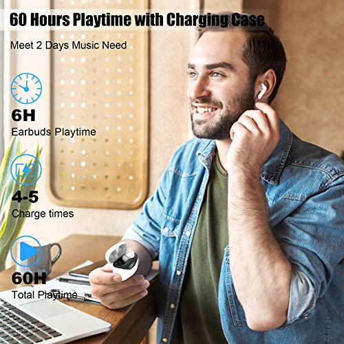 OGNILLE WirelessâEarbuds Bluetooth 5.2 LED Power Display Headphones Touch Control Light-Weight ENC with USB Charging Case, Built-in Mic, 30hr Battery Earphones, Waterproof for Sport, White