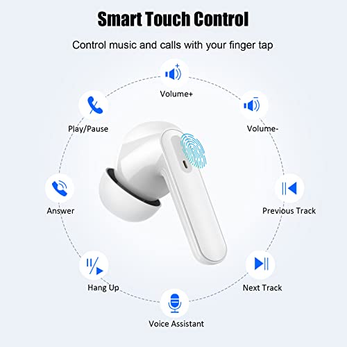 OGNILLE WirelessâEarbuds Bluetooth 5.2 LED Power Display Headphones Touch Control Light-Weight ENC with USB Charging Case, Built-in Mic, 30hr Battery Earphones, Waterproof for Sport, White