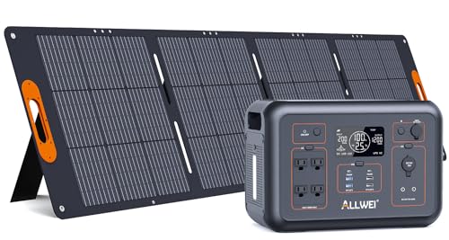 ALLWEI LiFePO4 Solar Generator 1200W(2400W Peak) with 1 * 200W Solar Panel, Fast Charge in 1.5Hrs, 1008Wh Portable Power Station, 4 AC Outlet, UPS Mode, Power Generator for Camping Outdoor Emergency