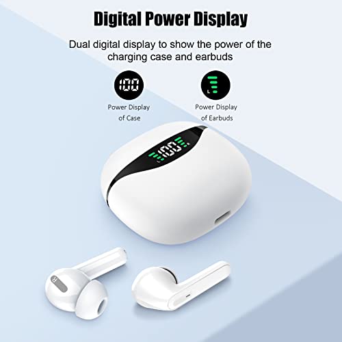 OGNILLE WirelessâEarbuds Bluetooth 5.2 LED Power Display Headphones Touch Control Light-Weight ENC with USB Charging Case, Built-in Mic, 30hr Battery Earphones, Waterproof for Sport, White