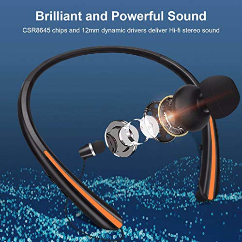 Bluetooth Retractable Headphones, Wireless Earbuds Neckband Headset Noise Cancelling Stereo Earphones(Orange)