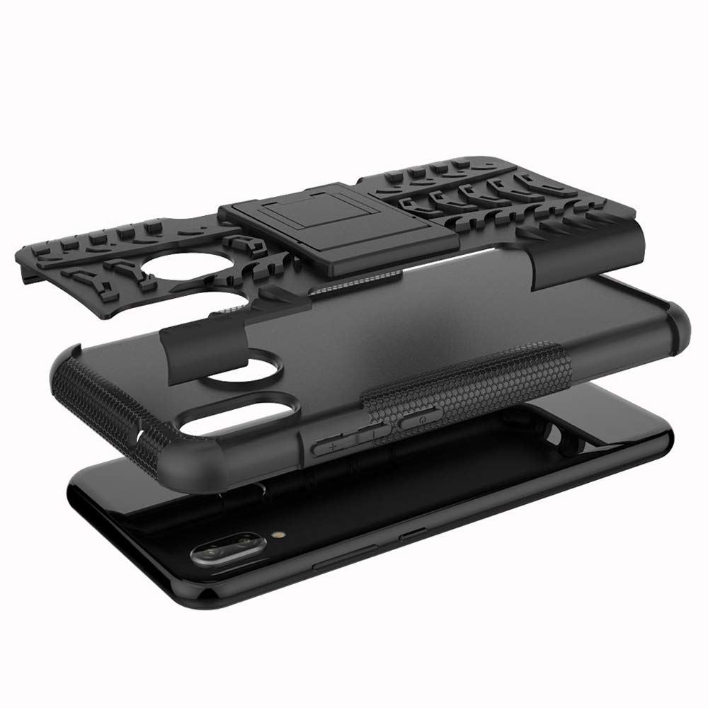 Phone Case for Huawei P20 Lite with Tempered Glass Screen Protector Cover and Stand Kickstand Hard Rugged Hybrid Protective Cell Accessories TPU Huwai P20lite P 20 Haweii Nova 3E Cases Men Women Black