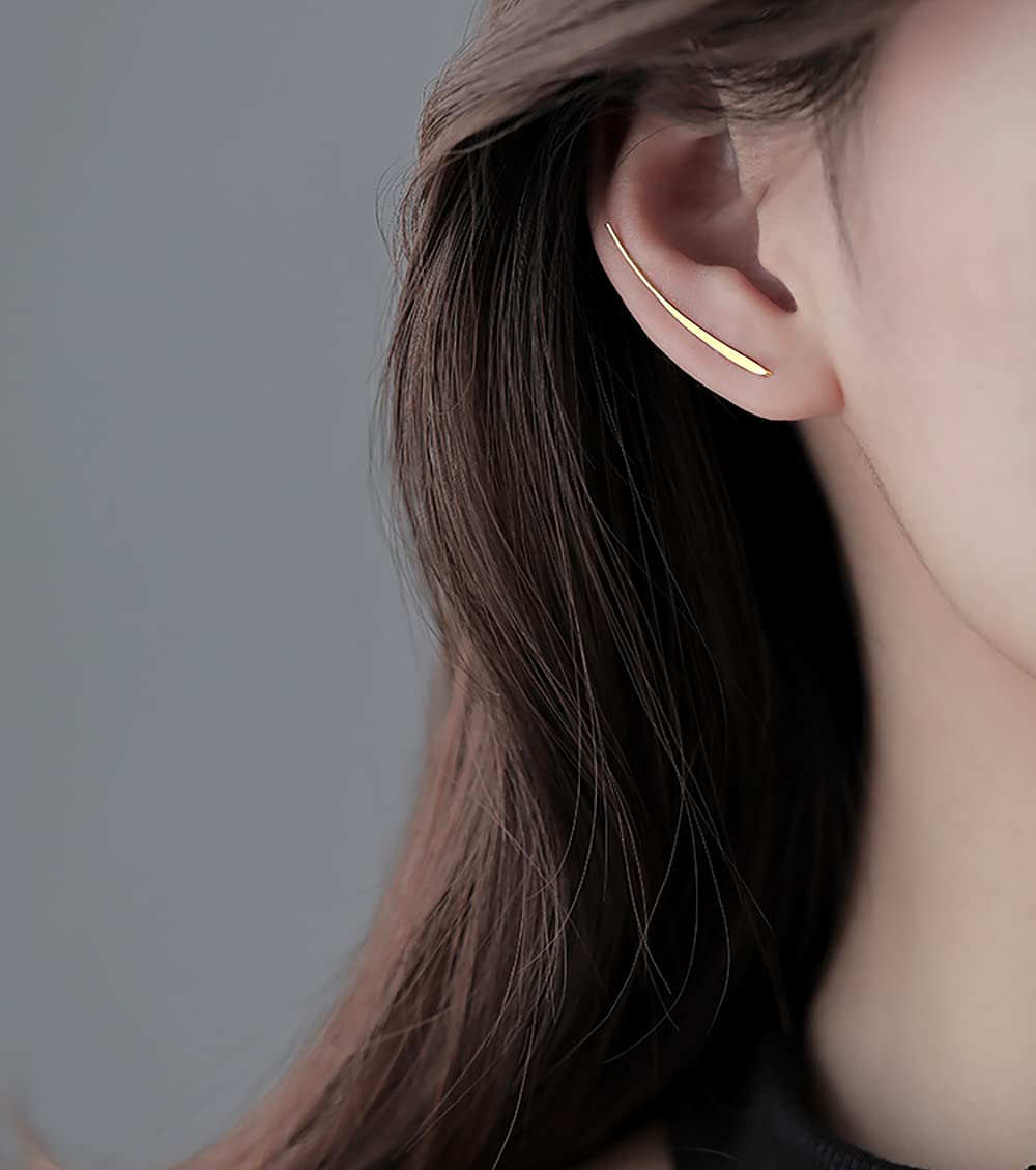 Reffeer Solid 925 Sterling Silver Bar Ear Climber Earrings Cuffs for Women Girls Curved Bar Wrap Earrings Minimalist (B-Gold)