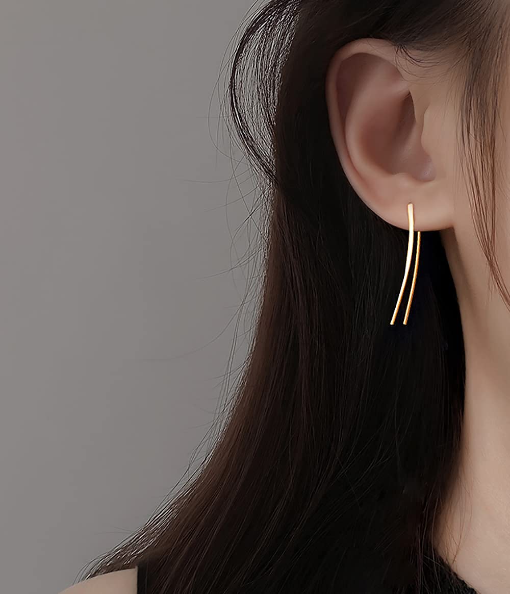 Reffeer Solid 925 Sterling Silver Bar Ear Climber Earrings Cuffs for Women Girls Curved Bar Wrap Earrings Minimalist (B-Gold)