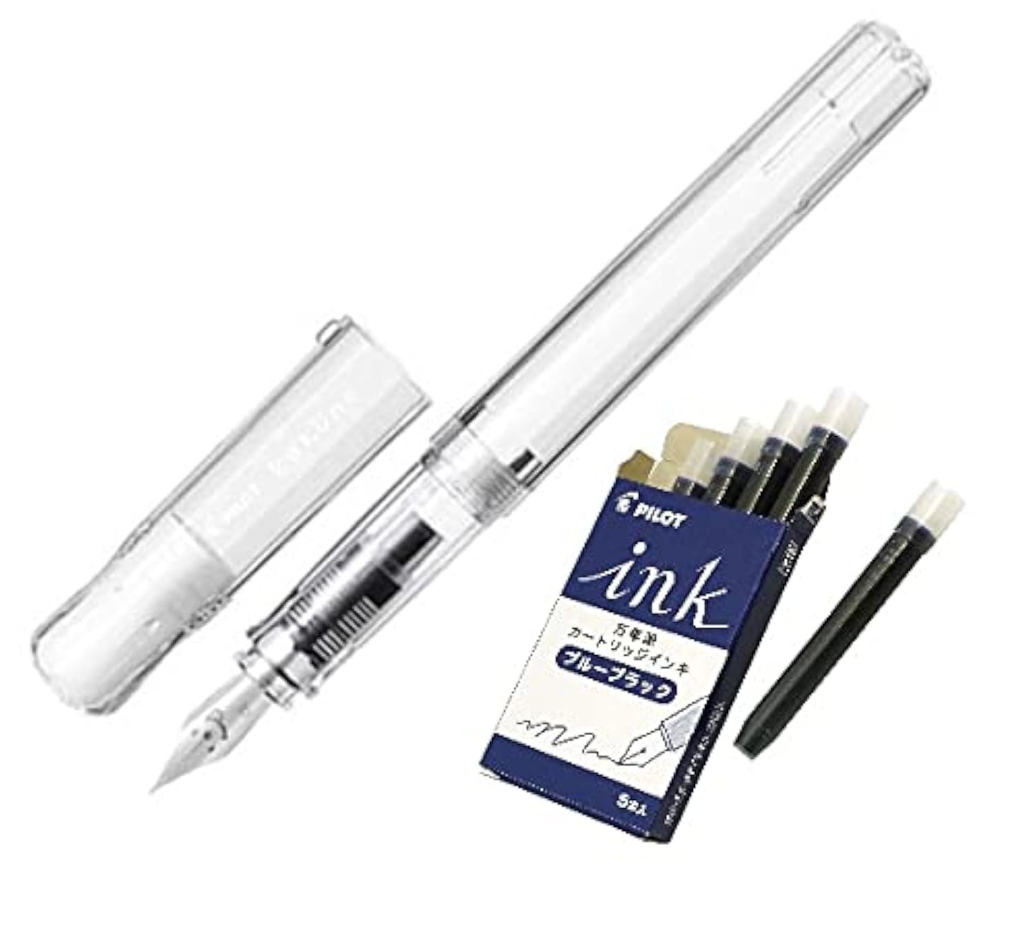 Kakuno Fountain Pen Extra Fine Print Clear Body Ink FKA1SRNCEF with 5 Blue Black Refill and Kanji Love Sticker