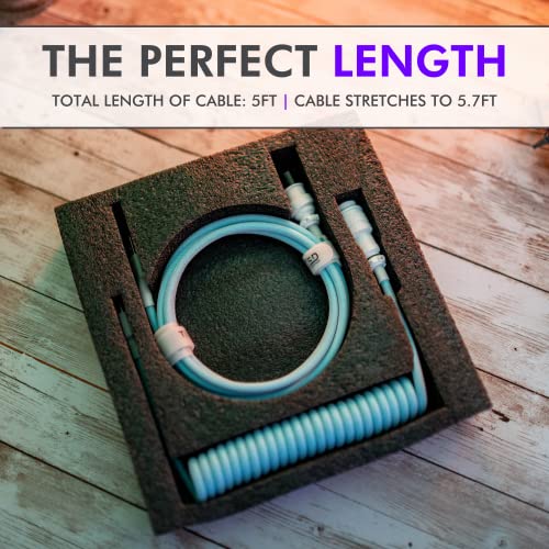 Tilted Nation Coiled USB C Cable for Mechanical Keyboard - Flexible but Tough - Detachable Aviator Coiled Keyboard Cable USB C - (5ft to 5.7ft Length) USB-A to USB-C Keyboard Coiled Cable - Blue