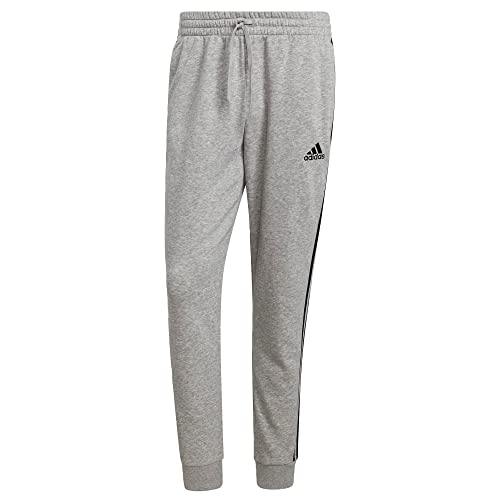 adidas Men's Size Essentials 3-Stripes French Terry Tapered-Cuff Pants, Medium Grey Heather/Black, Large/Tall