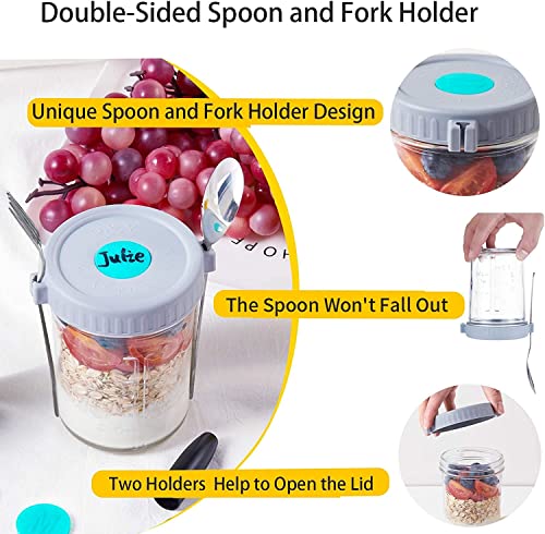 P&Y Overnight Oats Containers with Lids, 12 Oz Glass with Spoons for Mason Overnight Oats Jars, Oatmeal Container with Letter Silicone Label for Cereal Yogurt Fruit (Gray M Forks, 2Pack)