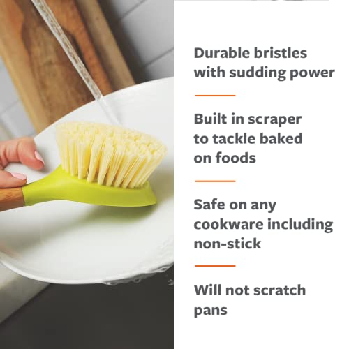 Full Circle Be Good Kitchen Dish Brush with Bamboo Handle – Long Handle Dish Scrubber with Tough Bristles, Green (Pack of 2)