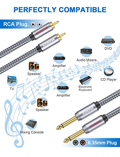 SOUNDFAM RCA to 1/4 Cable,Dual RCA to Dual 1/4 inch TS Stereo Audio Interconnect Cable,Dual 6.35mm to Dual RCA/Phono Patch Cable-Grey(3.3Feet/1M)