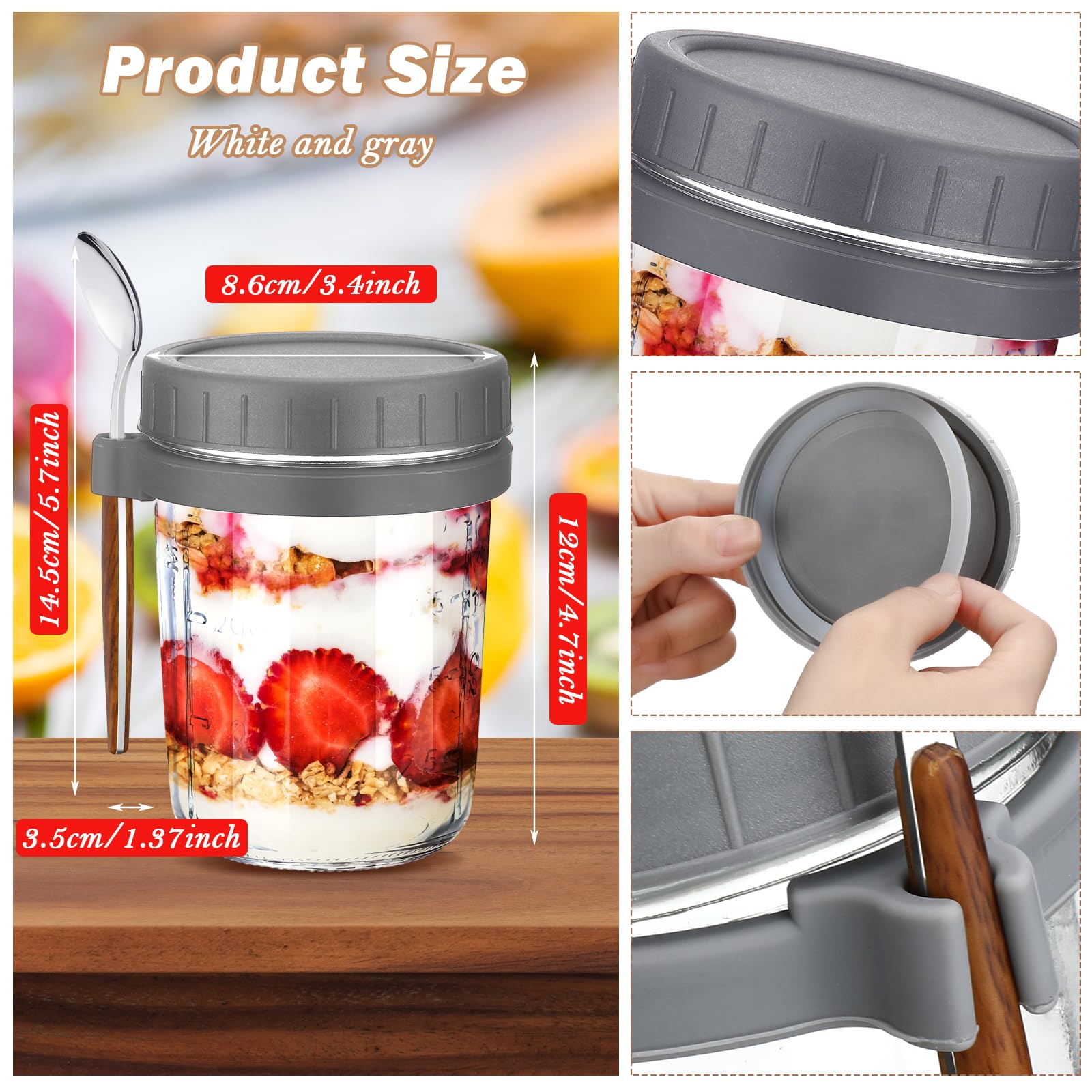 Layhit 8 Sets 16 oz Overnight Oats Containers with Lids and Spoons Summer Large Glass Mason Jars for Overnight Oats with Measurement Marks Oatmeal Container for Milk Cereal Fruit(Grey, White)