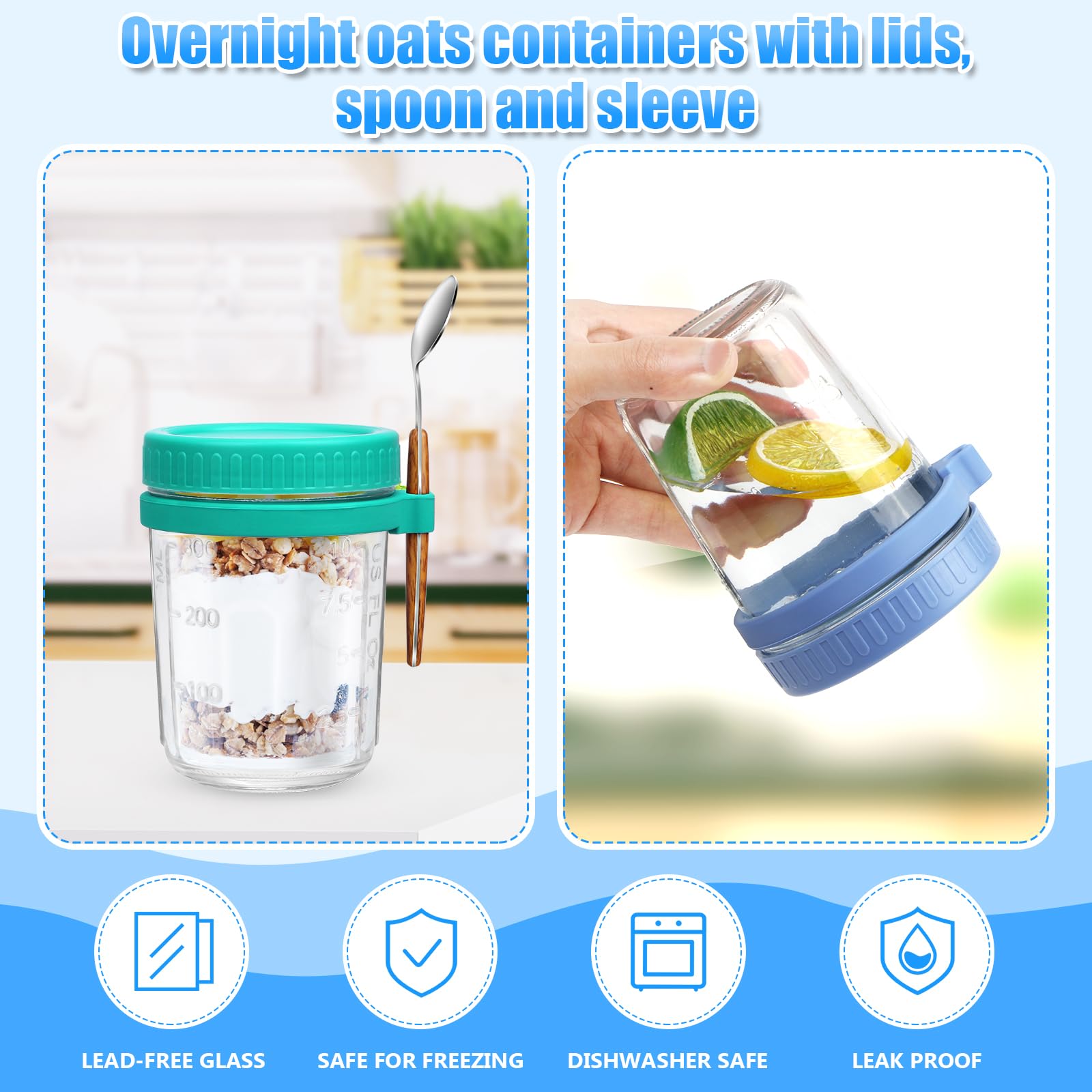 6 Pack Overnight Oats Containers with Lids and Spoon, 10 oz Glass Mason Jars with Sleeve Airtight Oatmeal Container with Measurement Marks Chia Pudding Jars with Lids for Milk Cereal Fruit Meal Prep