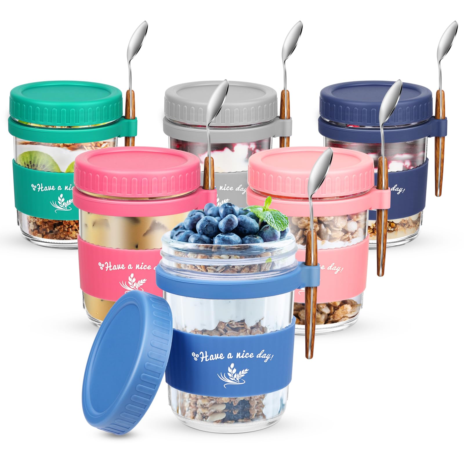 6 Pack Overnight Oats Containers with Lids and Spoon, 10 oz Glass Mason Jars with Sleeve Airtight Oatmeal Container with Measurement Marks Chia Pudding Jars with Lids for Milk Cereal Fruit Meal Prep