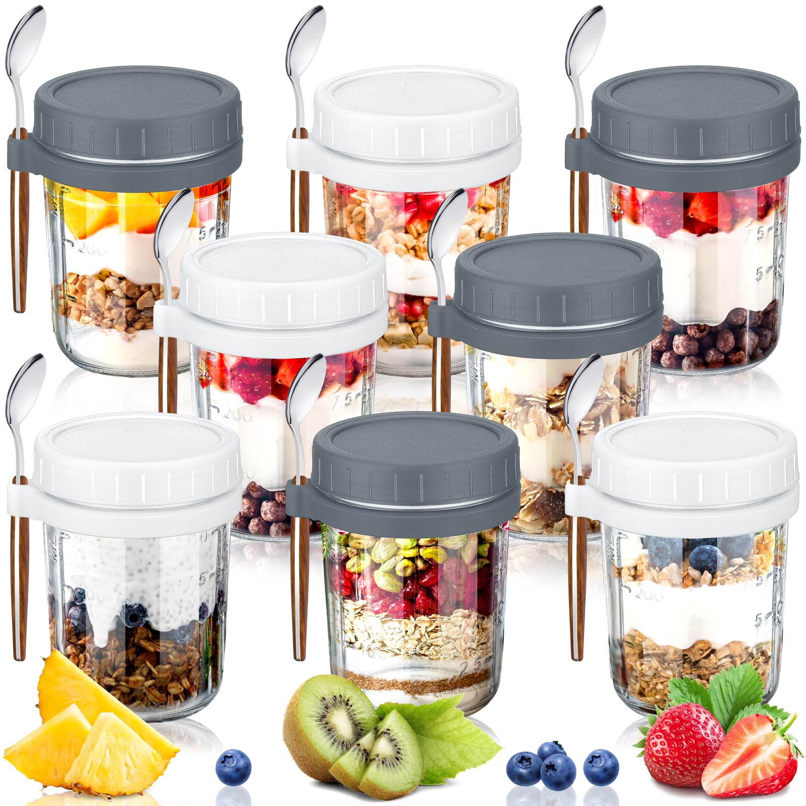 Layhit 8 Sets 16 oz Overnight Oats Containers with Lids and Spoons Summer Large Glass Mason Jars for Overnight Oats with Measurement Marks Oatmeal Container for Milk Cereal Fruit(Grey, White)