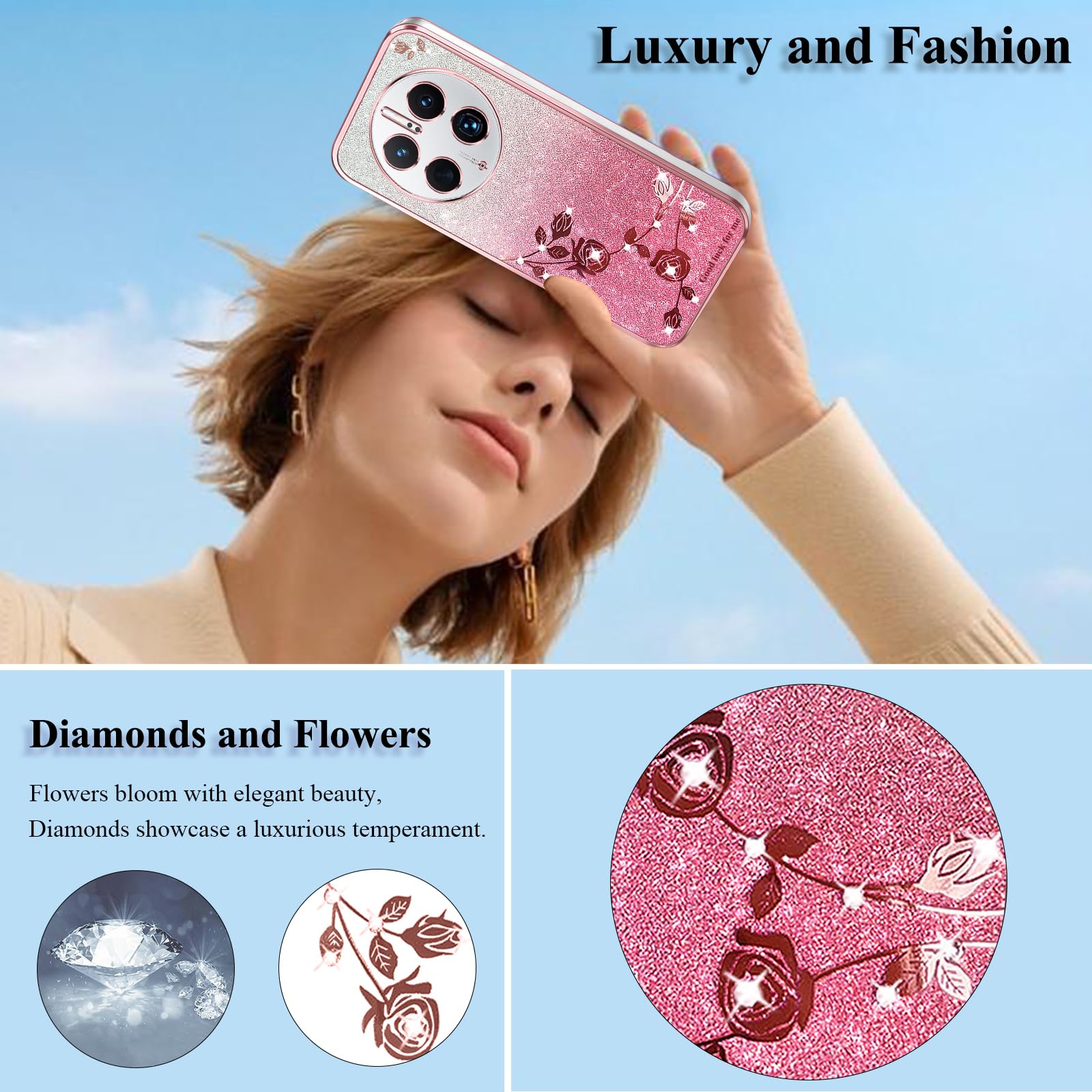 Yarxiawin for Huawei Mate 50 Pro Case Clear Glitter Sparkle Aesthetic Huawei Mate 50 Pro Phone Case Silicone Soft Flower Transparent Shockproof Cover Purple Slim (Pink)