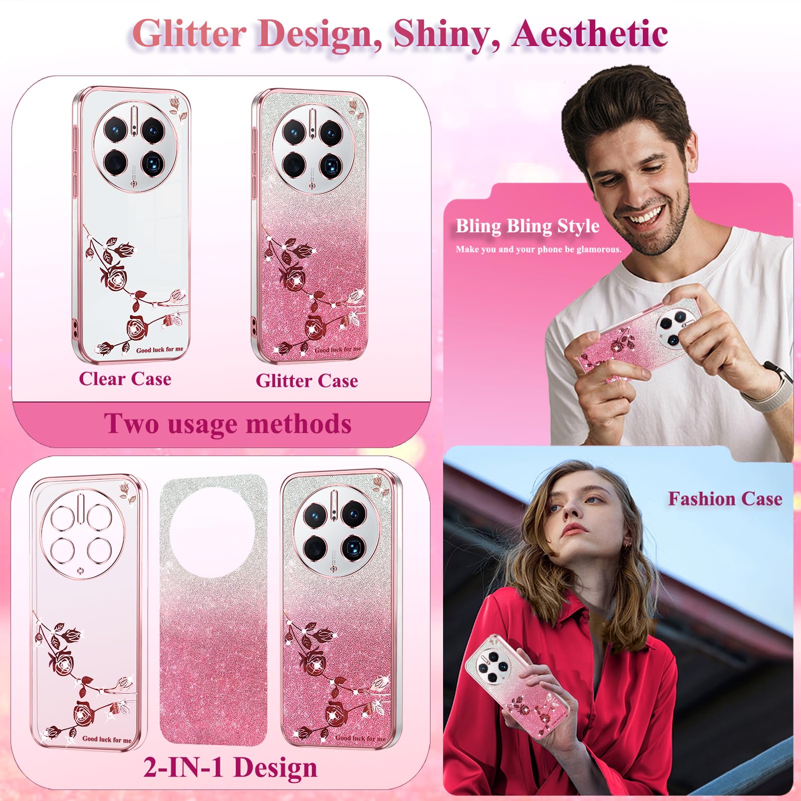 Yarxiawin for Huawei Mate 50 Pro Case Clear Glitter Sparkle Aesthetic Huawei Mate 50 Pro Phone Case Silicone Soft Flower Transparent Shockproof Cover Purple Slim (Pink)