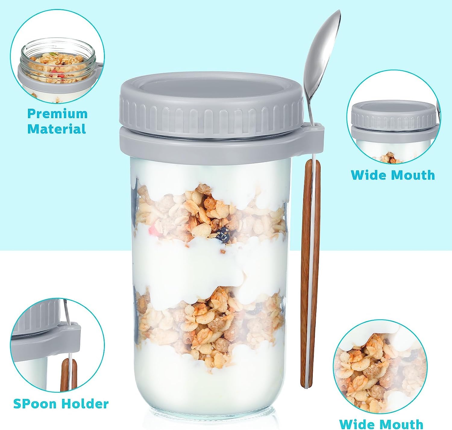 YehTrum Overnight Oats Containers with Lids and Spoon, 4 Packs 22 oz Glass Mason Jars for Overnight Oats, Large Capacity Oatmeal Container Mason Overnight Oats Jars for Milk, Cereal, Fruit