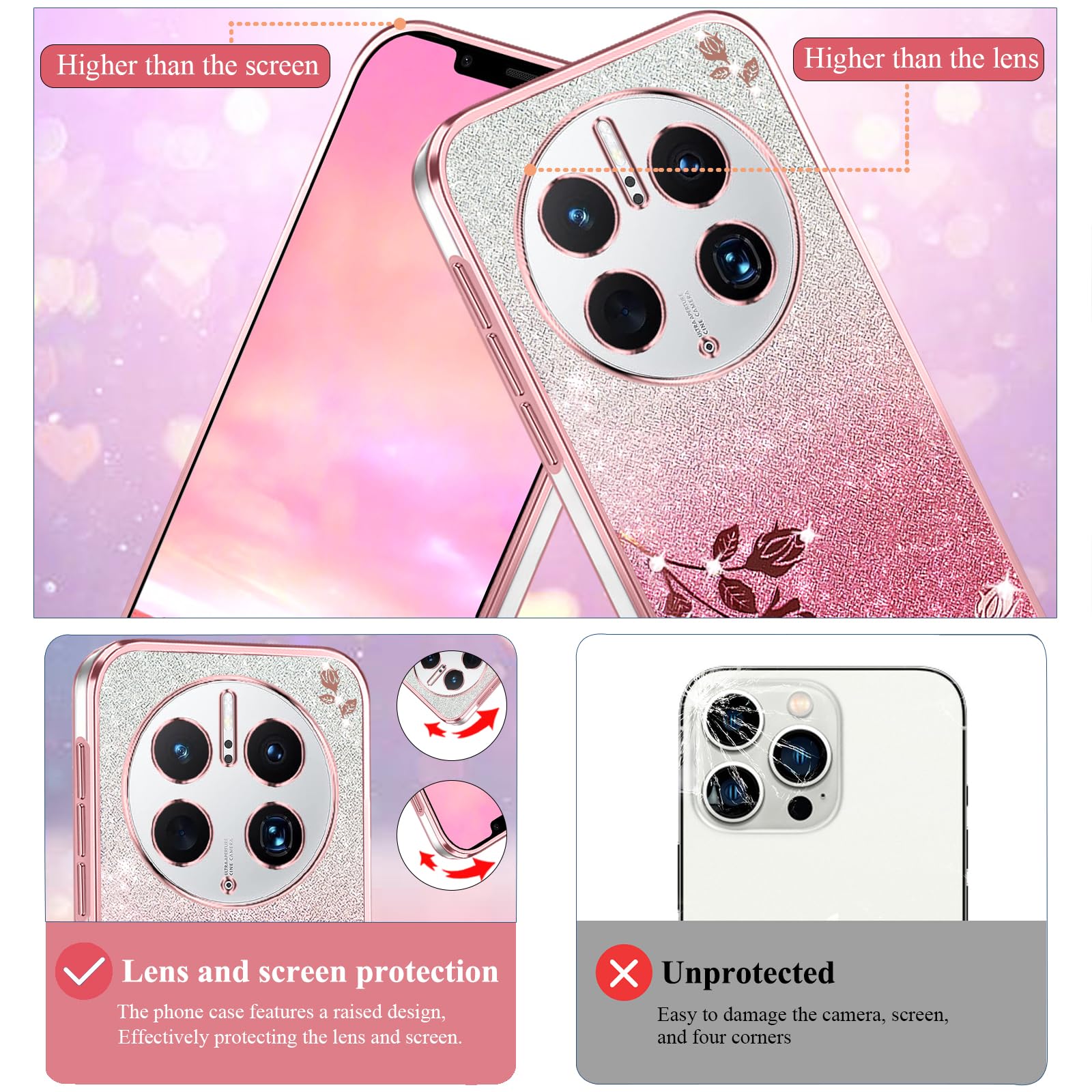 Yarxiawin for Huawei Mate 50 Pro Case Clear Glitter Sparkle Aesthetic Huawei Mate 50 Pro Phone Case Silicone Soft Flower Transparent Shockproof Cover Purple Slim (Pink)