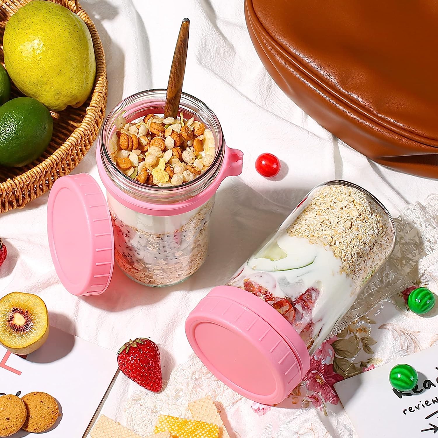 YehTrum Overnight Oats Containers with Lids and Spoon, 4 Packs 22 oz Glass Mason Jars for Overnight Oats, Large Capacity Oatmeal Container Mason Overnight Oats Jars for Milk, Cereal, Fruit